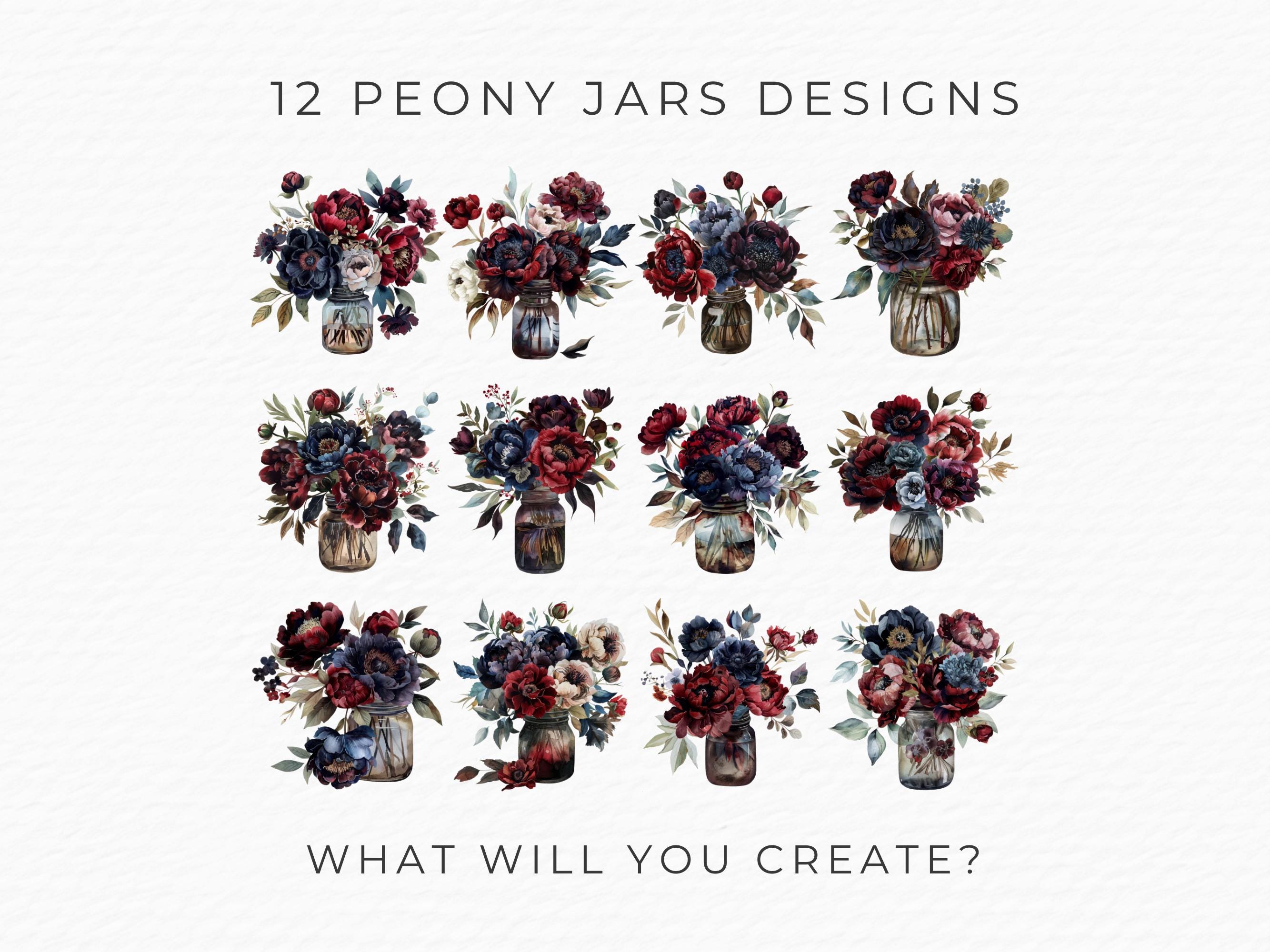 Moody Peony Mason Jar Clipart Bundle: Watercolor Flowers (digital ...