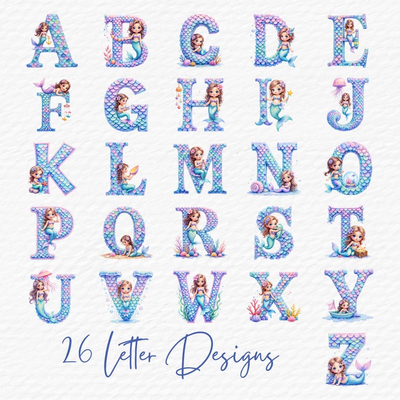 Watercolor Mermaid Alphabet Clipart: Under the Sea Letters & Numbers ...