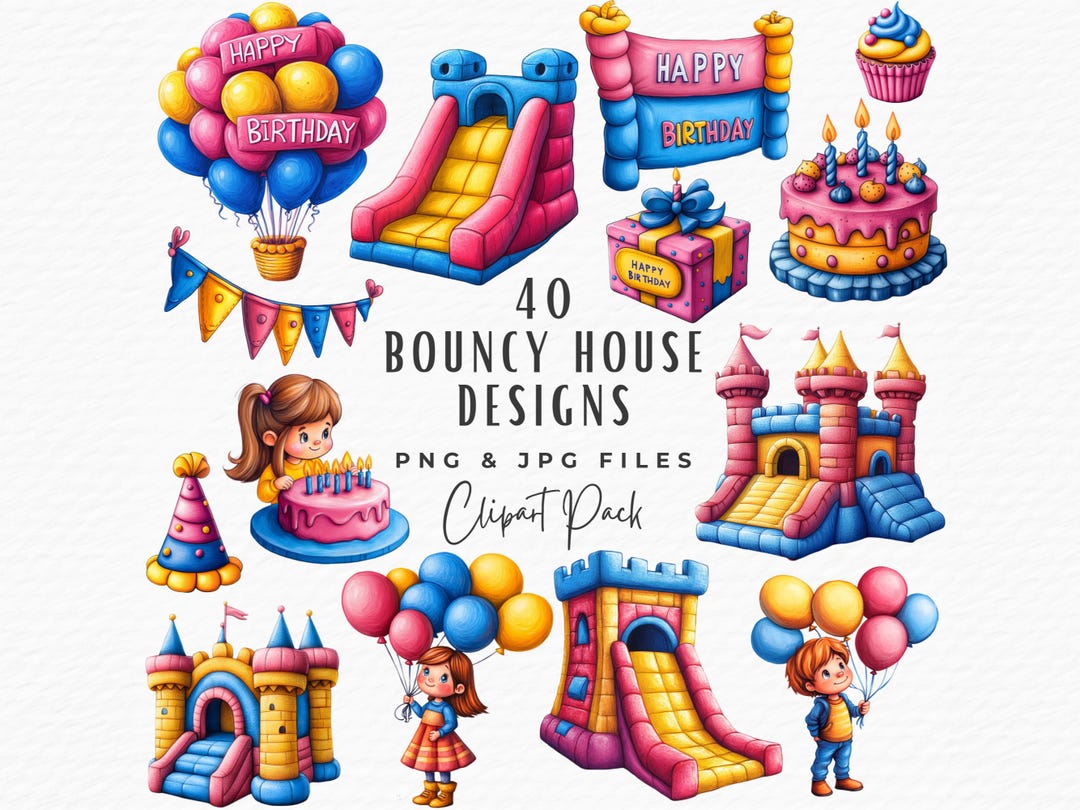 Bouncy House Clipart Bundle, 40 Bouncy Castle Birthday Party Invitation ...
