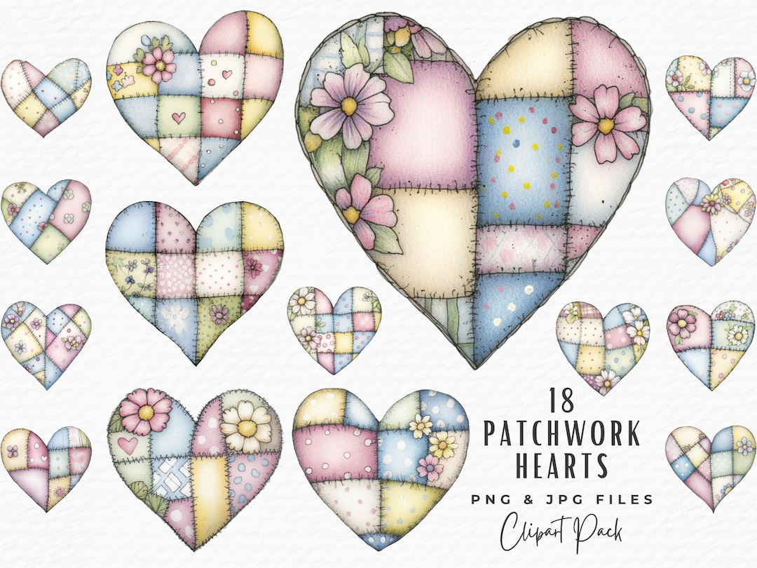Patchwork Heart Clipart Bundle, 18 Watercolor Valentines Day Quilt Love ...