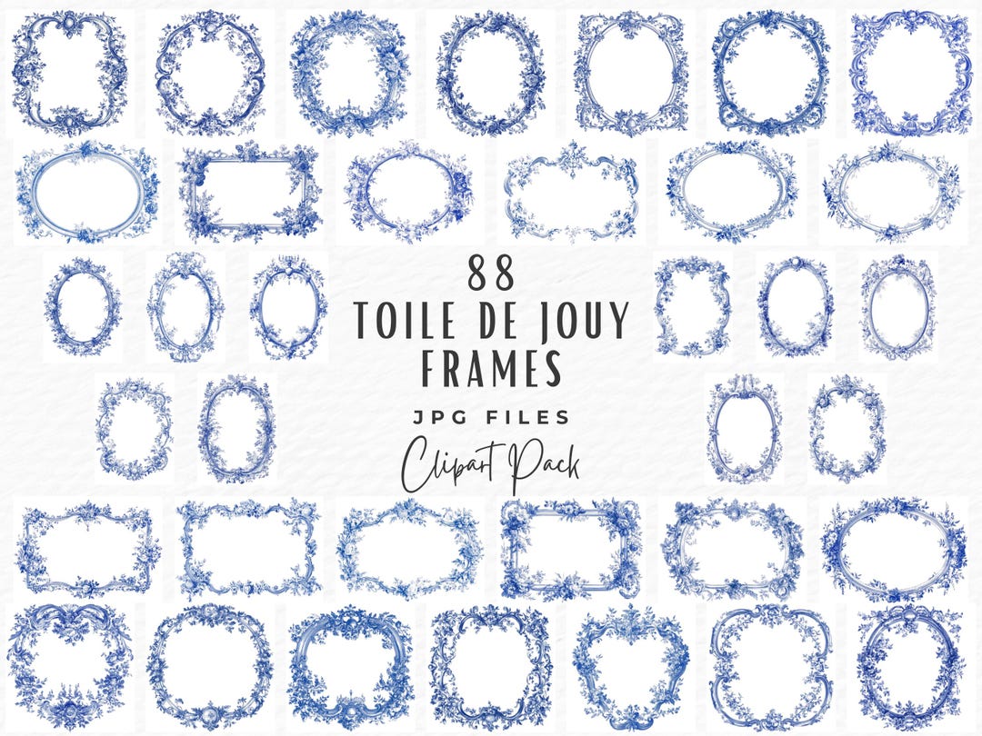 French Blue Frame Clipart Bundle, 88 Watercolor Vintage Blue Toile De ...