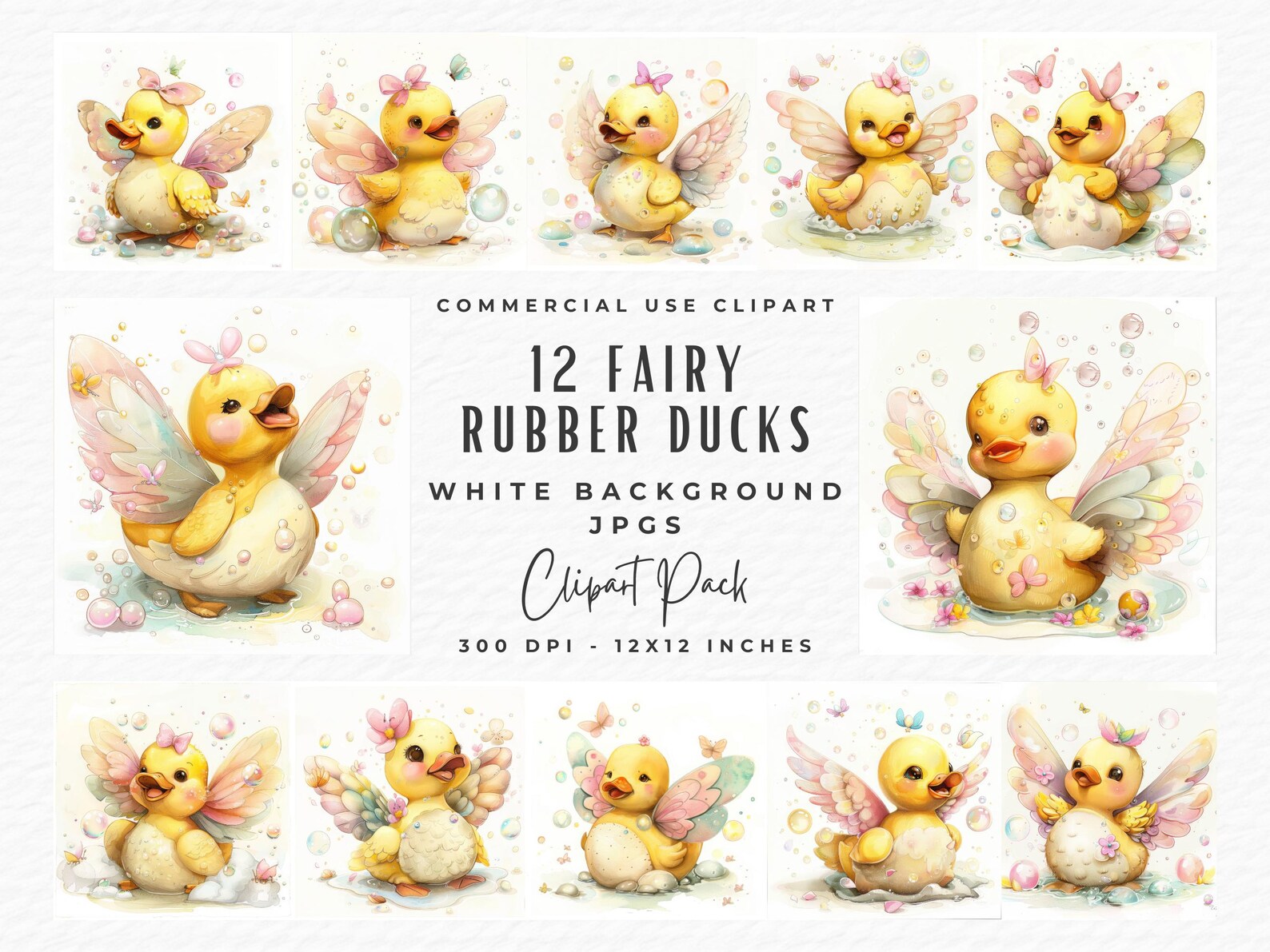 Rubber Duck Bubble Bath Clipart Bundle | Watercolor Pink Fairy Duck Clipart | Baby Rubber Duck ...
