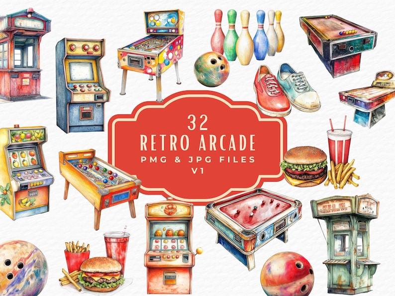 Watercolor Retro Arcade Clipart: Vintage Video Game PNG JPG (digital ...