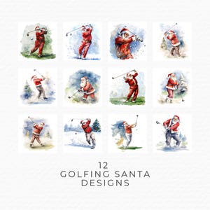 Golf Santa Clipart Bundle, 12 Watercolor Christmas Winter Holiday Santa ...