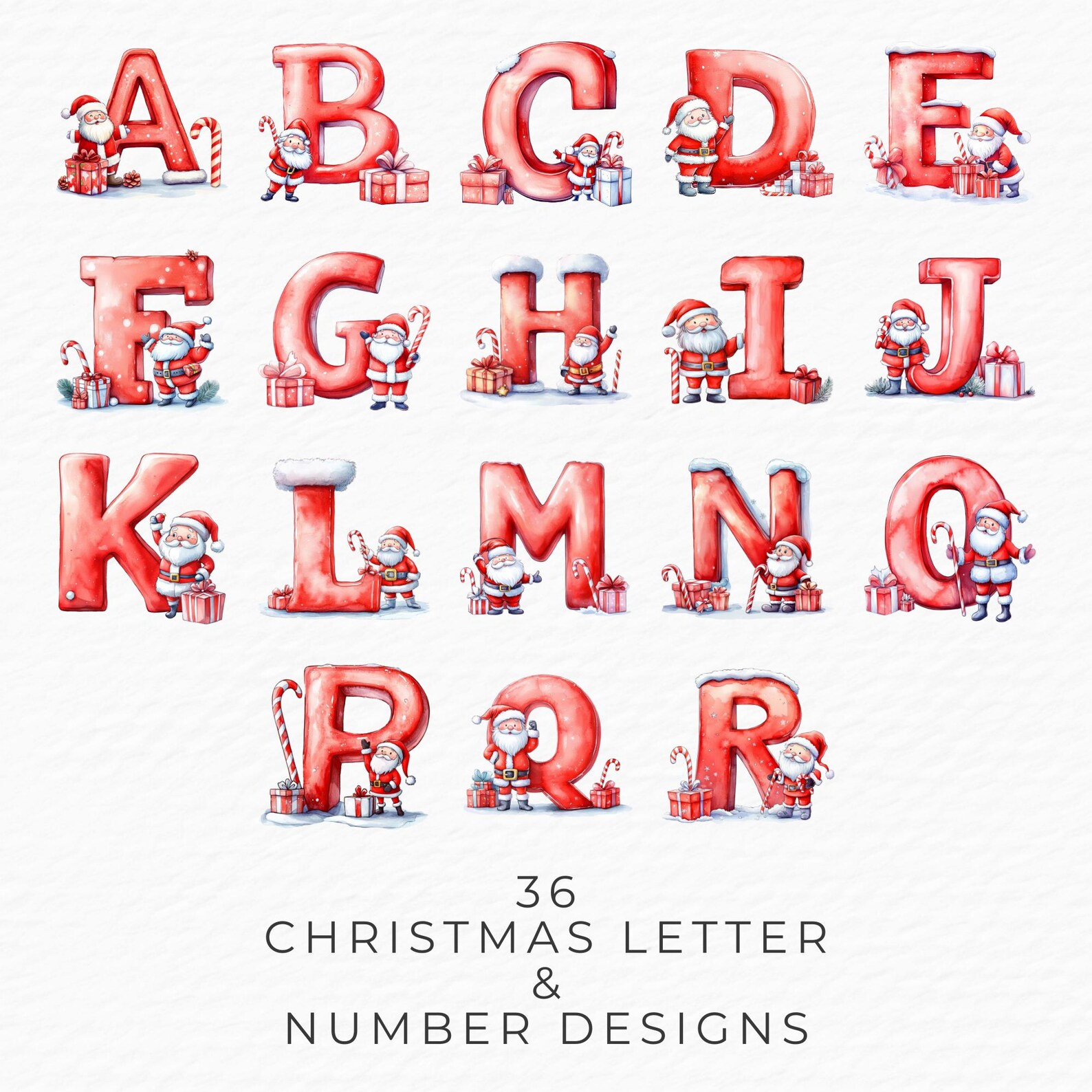 Christmas Alphabet and Numbers Clipart, 36 Watercolor Red Christmas ...