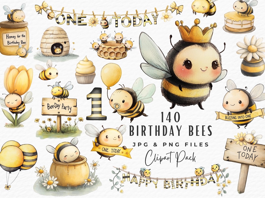 Bee 1st Birthday Clipart Bundle: Watercolor Bumble Bee Theme (digital ...