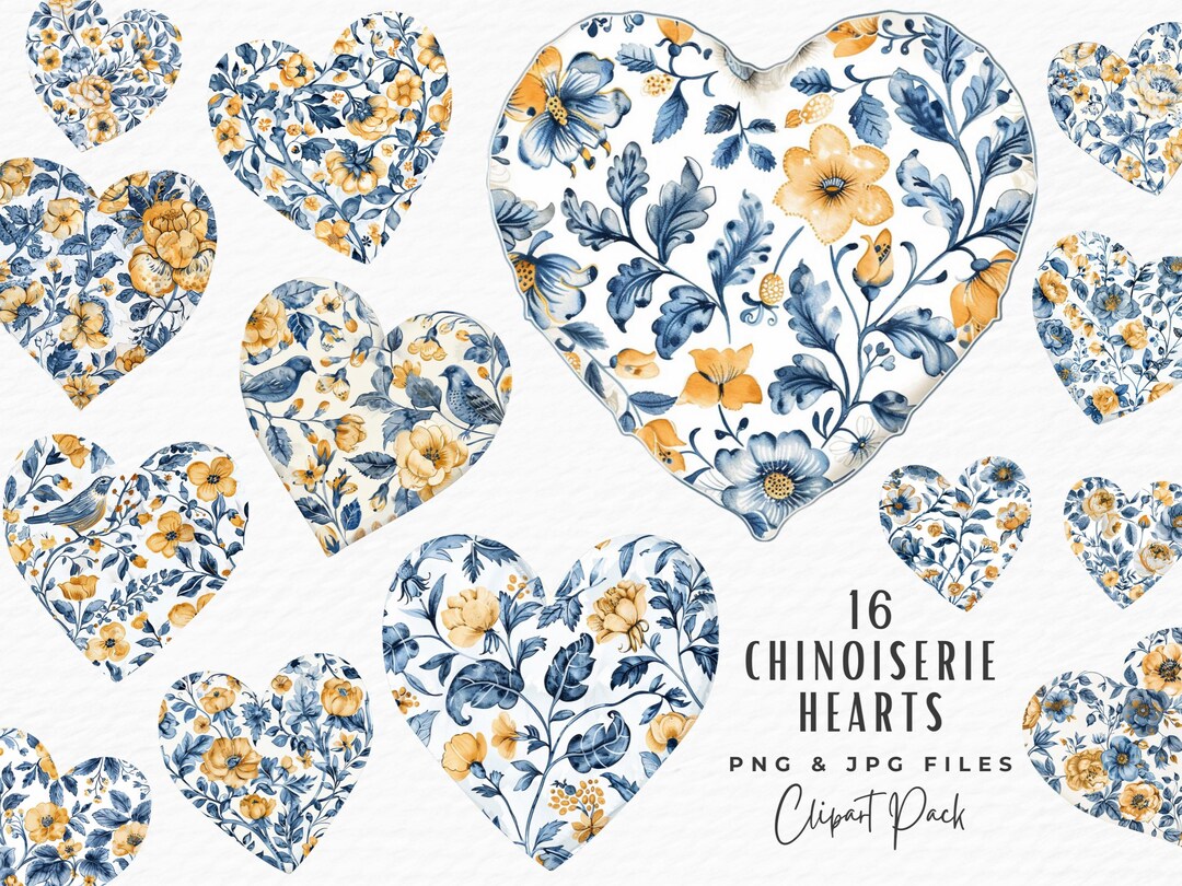 Chinoiserie Heart Clipart: Blue & Yellow Valentine's Day PNG JPG ...
