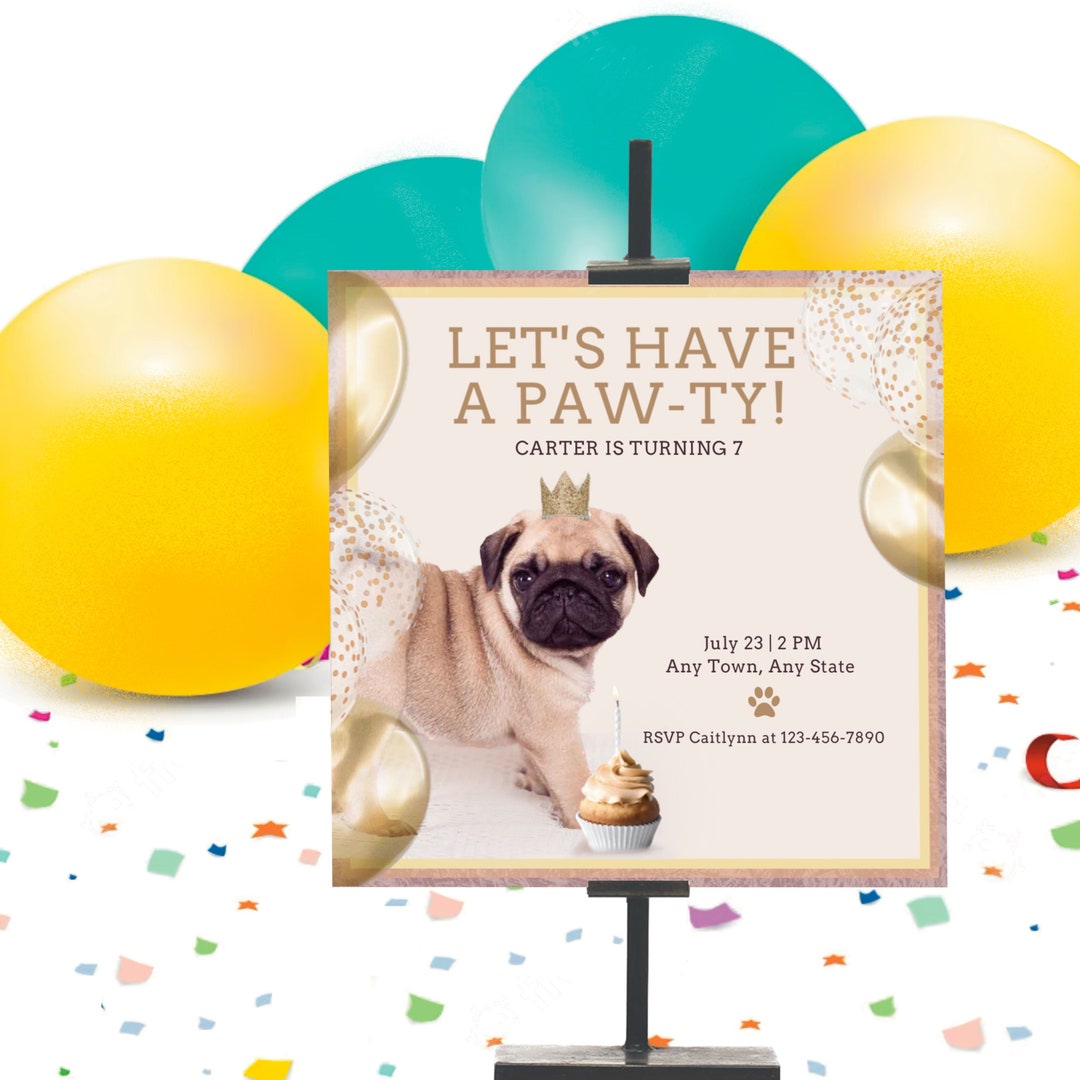 Invitación a fiesta temática Pug Puppy/descarga digital de Canva editar ...