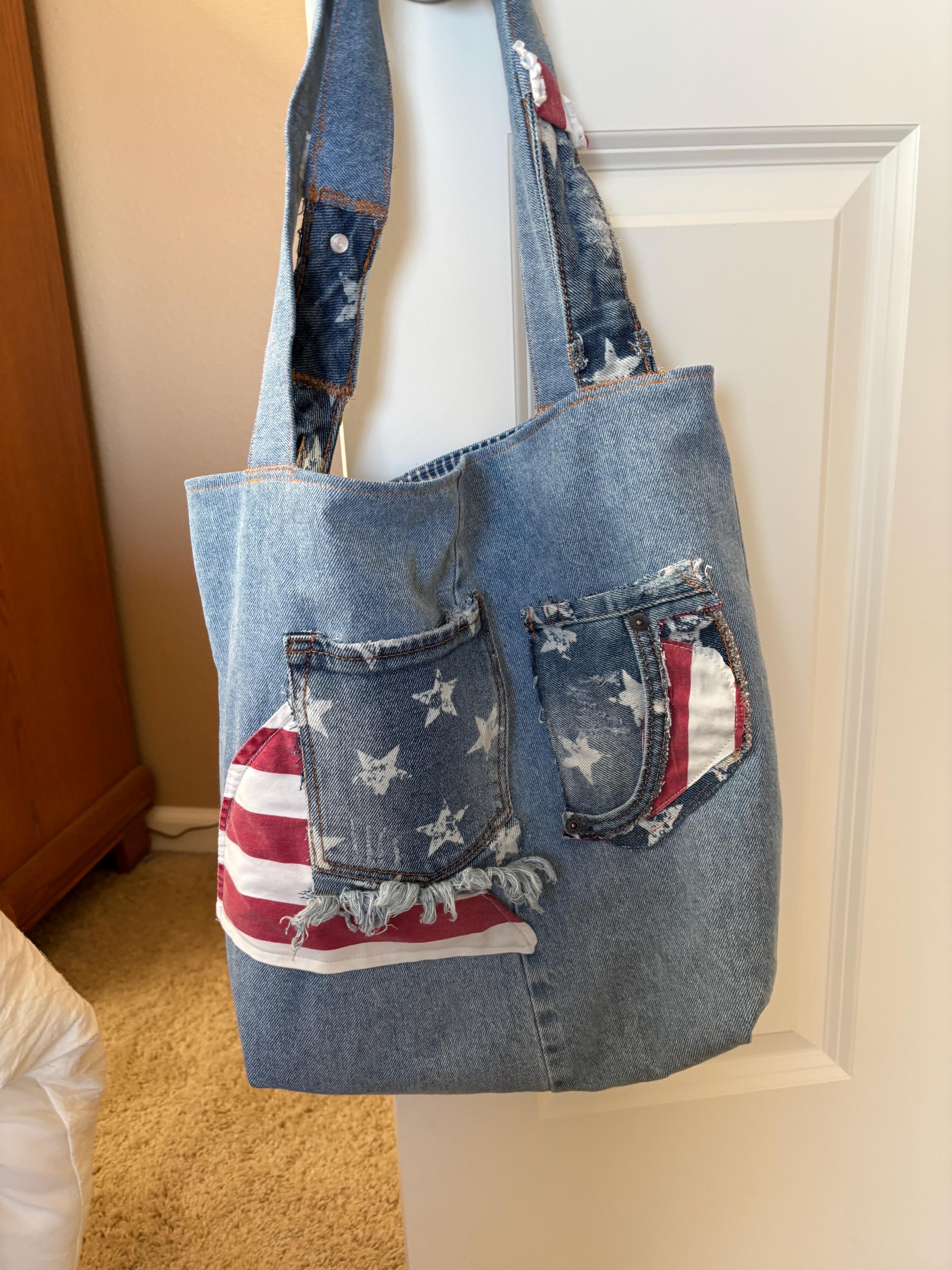 Upcycled Denim Jean Handbag Purse Tote. Boho, Funky, Red, White and ...
