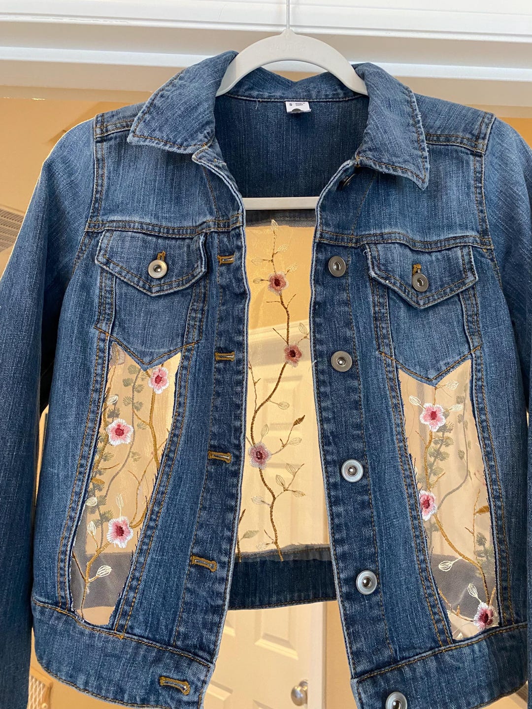 Upcycled SMALL Denim Jean Jacket With Pink Flower Lace, Boho, Custom ...