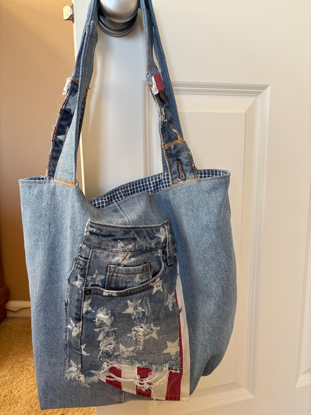 Upcycled Denim Jean Handbag Purse Tote. Boho, Funky, Red, White and ...