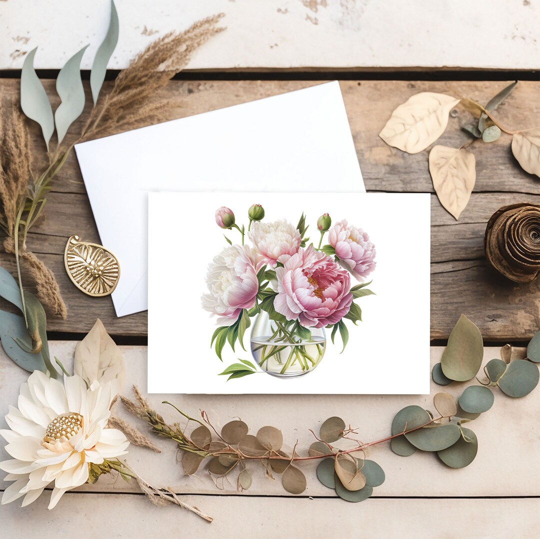 Peony Cards With Envelopes, Watercolor Floral, Blank Note Card Pack of ...