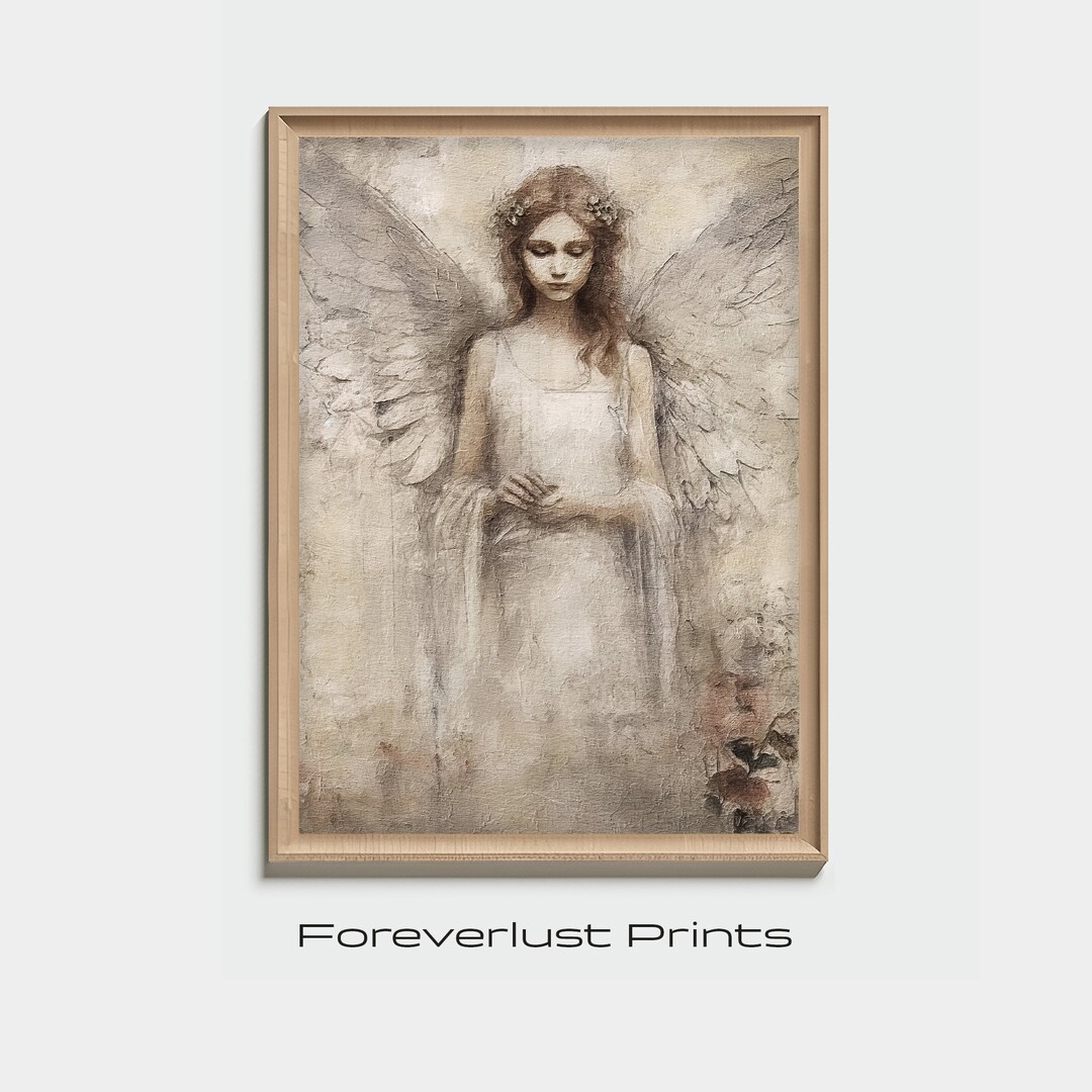 Moody Angel Art Print, Guardian Angel Portrait Painting, Neutral ...