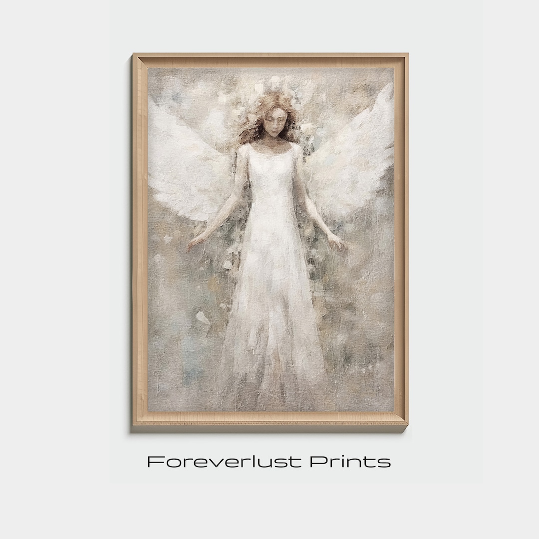 Guardian Angel Art Print, Angel Oil Painting, Minimalist Angelic ...