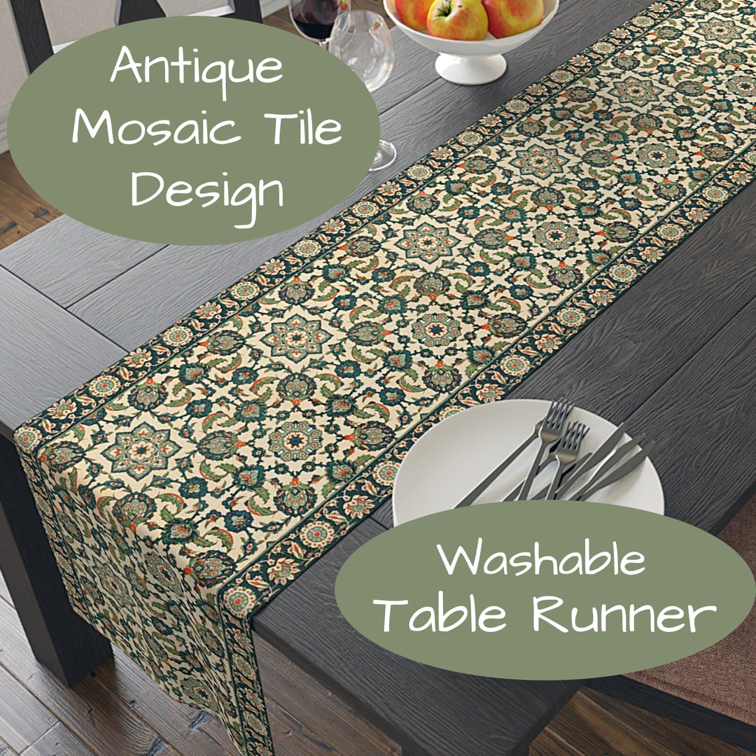 Green Mosaic Table Runner, Antique Tile Style Pattern, Choice of 72 or ...