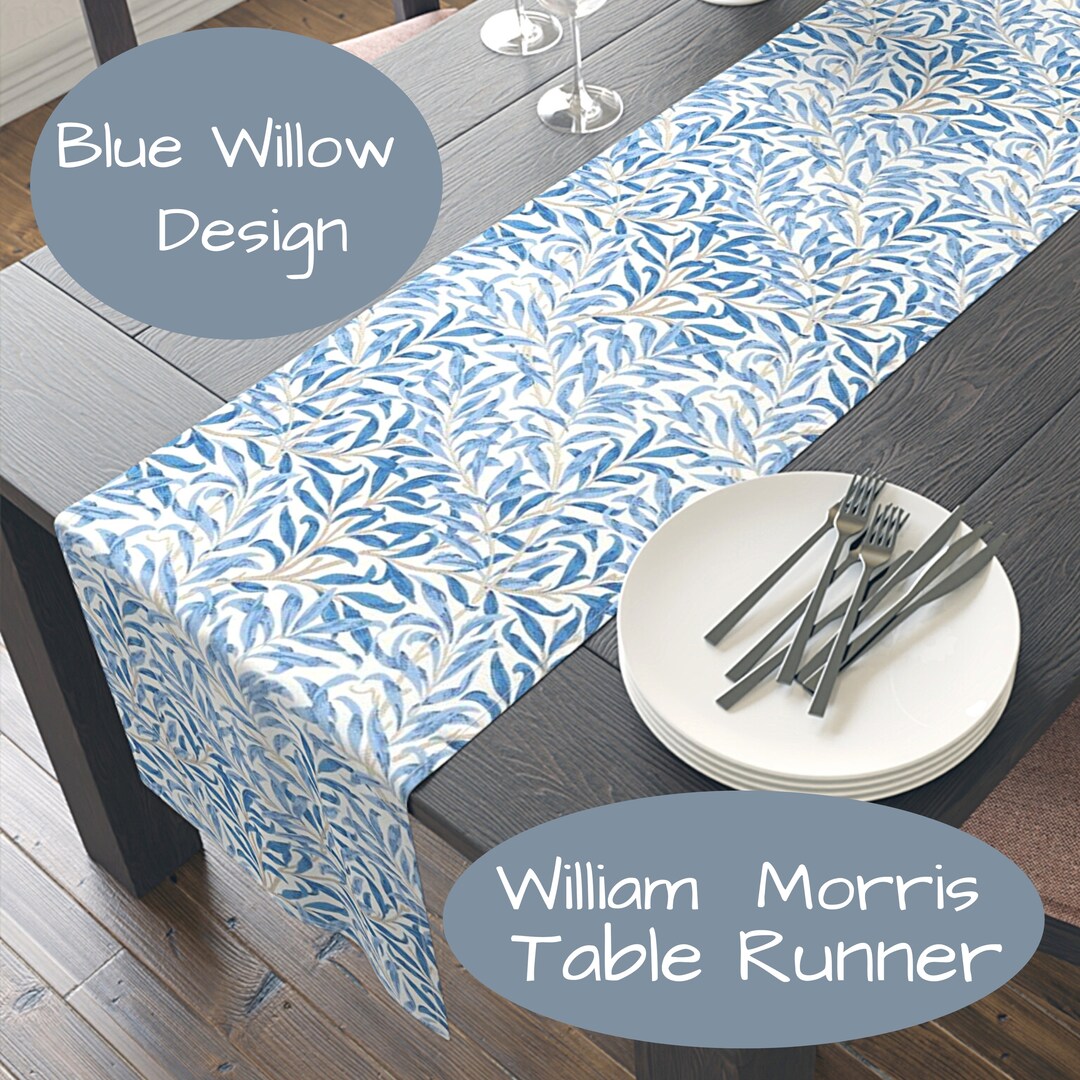 William Morris Willow Table Runner, Blue and White, 72 or 90 Inches, Easy Care Polyester ...
