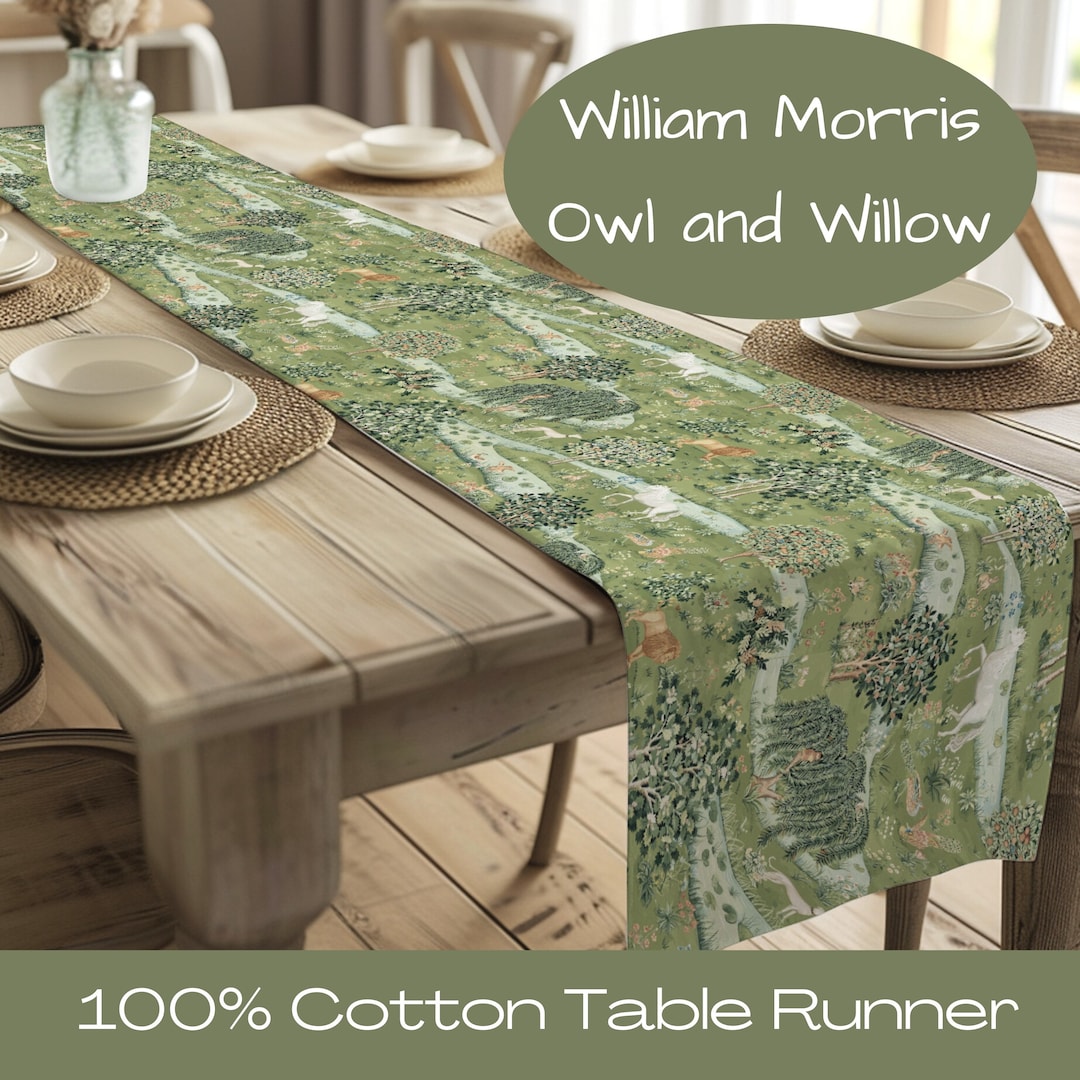 William Morris Table Runner, Owl and Willow, Green Brown White, 72 or ...
