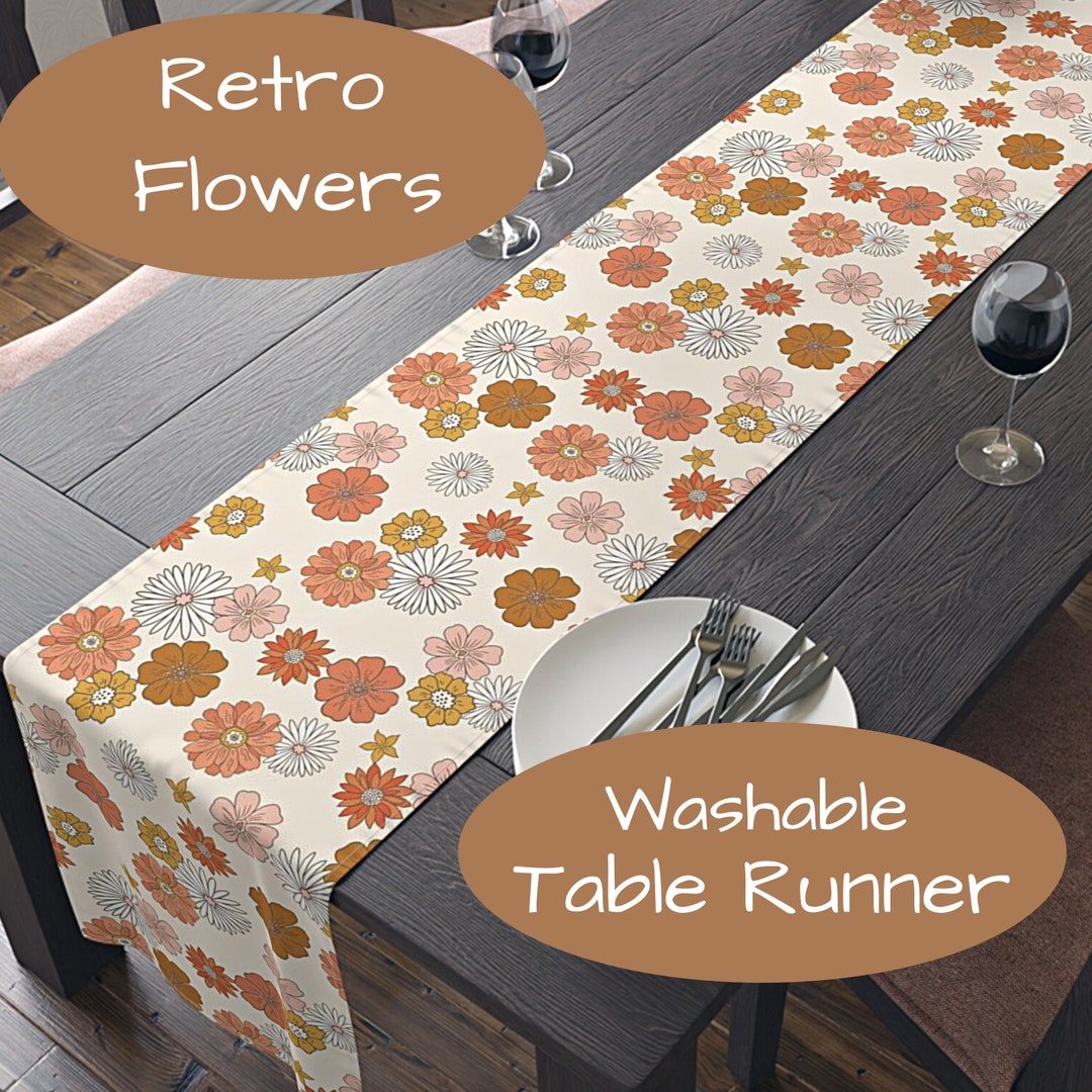 Retro Flower Power Table Runner, 72 or 90 Inches, Easy Care Polyester ...