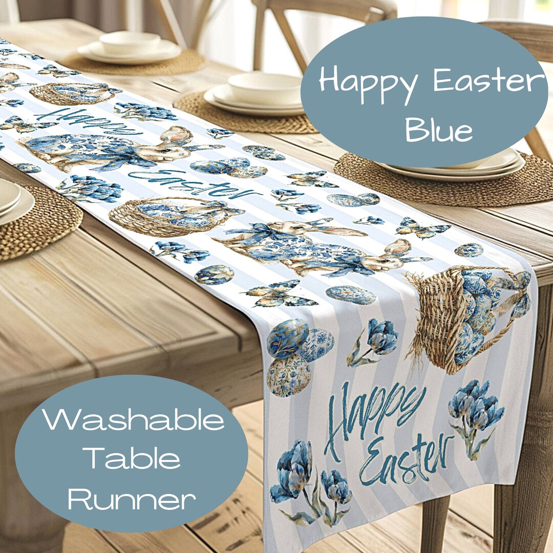 Blue Easter Table Runner, Eggs Bunnies and Baskets, Choice of 72 or 90 ...
