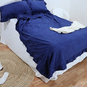 Dark Blue Ruffled Duvet Cover, 100% Washed Cotton Duvet Cover, Boho ...