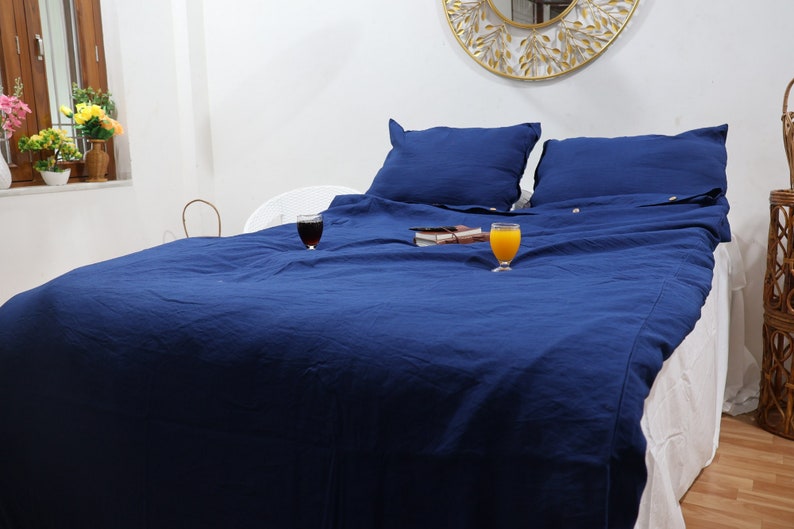 Handmade Navy Blue Linen Duvet Cover Set: Boho Bedding With Coconut ...