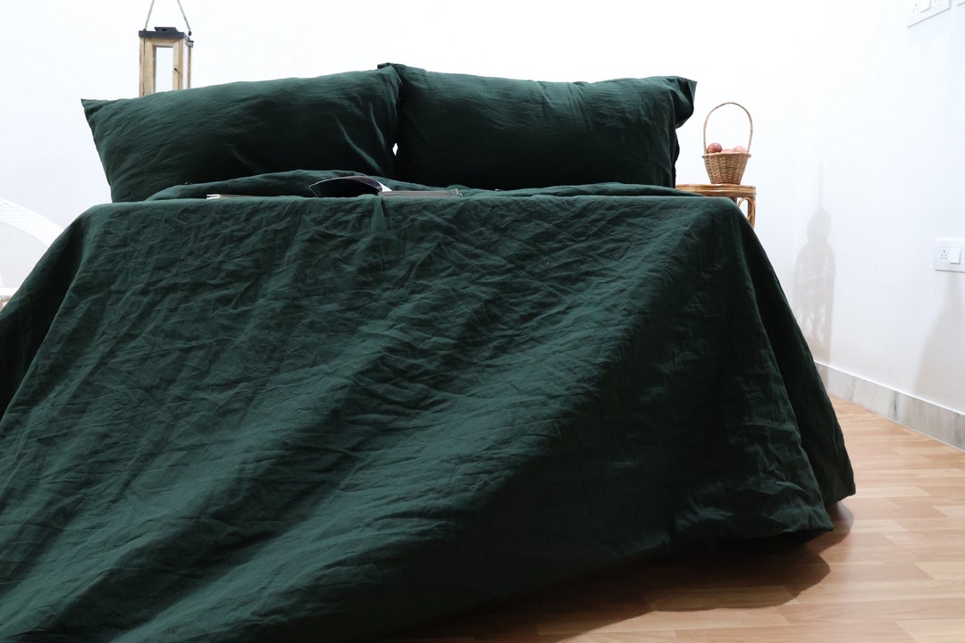 Forest Green Linen Duvet Cover With Button Closure Luxurious Cozy Comfy ...
