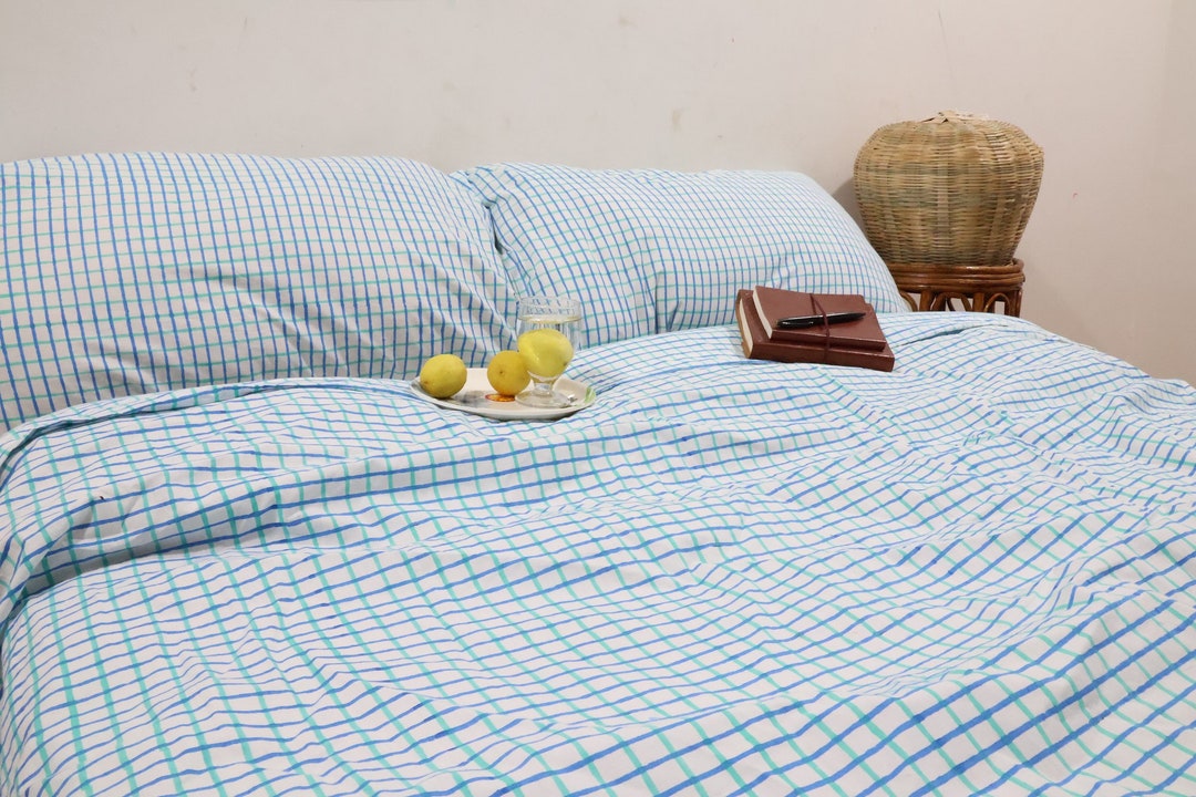 Blue Plaid Comforter Cover With Pillowcases, Linen Duvet Cover Set ...