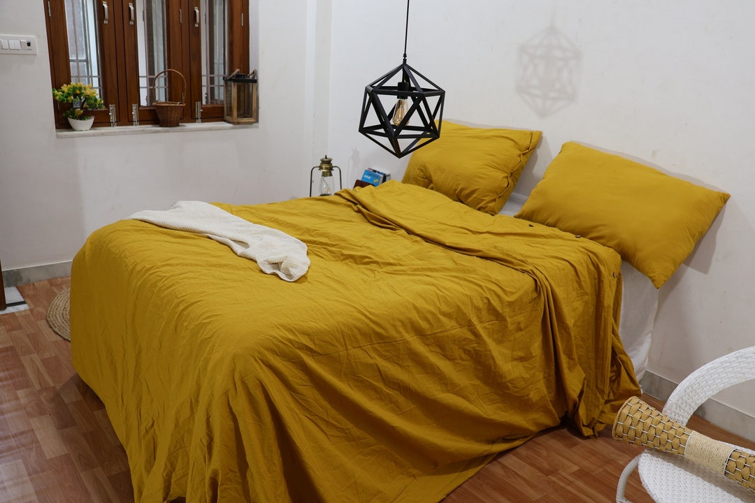 Handmade Stonewashed Cotton Duvet Cover Set: Mustard Yellow Bedding ...