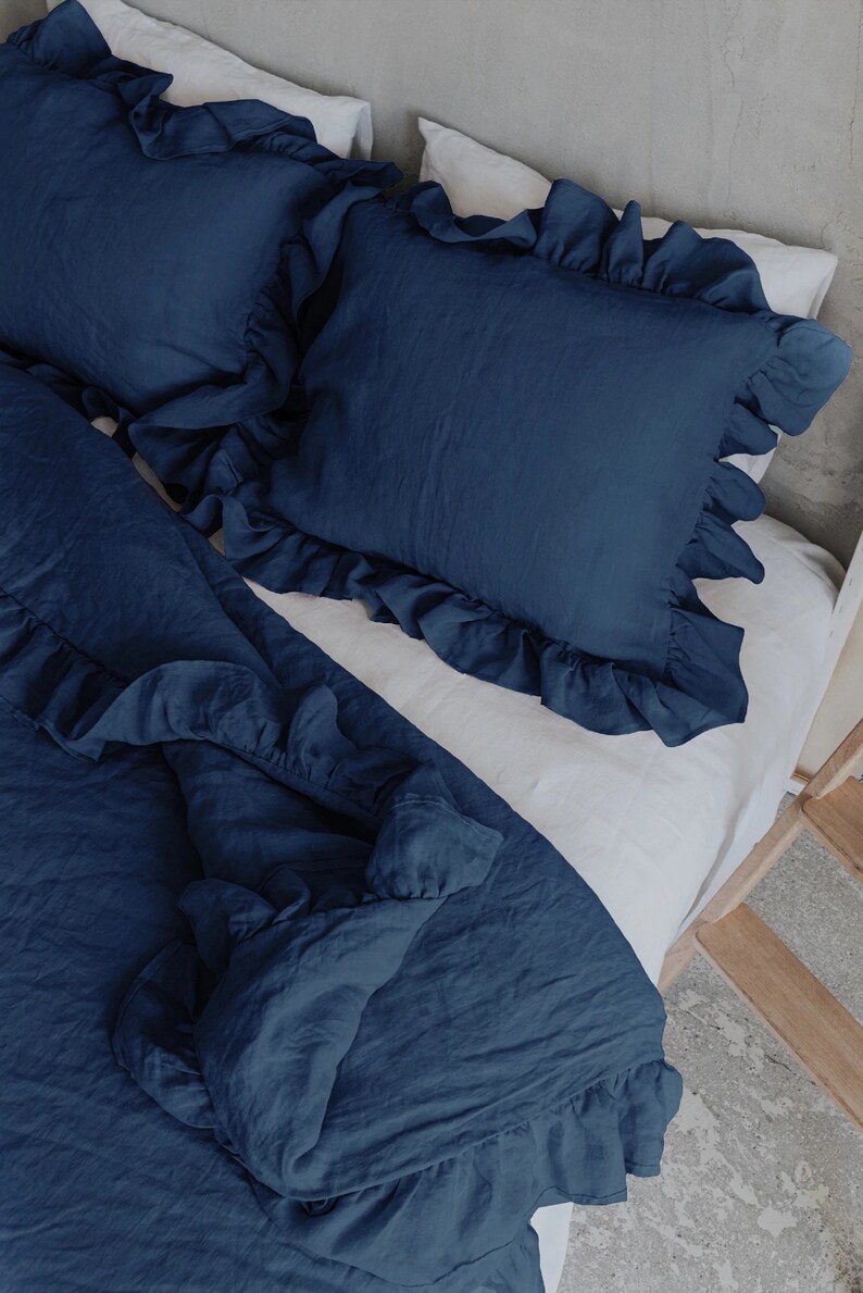 Dark Blue Ruffled Duvet Cover 100% Washed Cotton Duvet Cover - Etsy