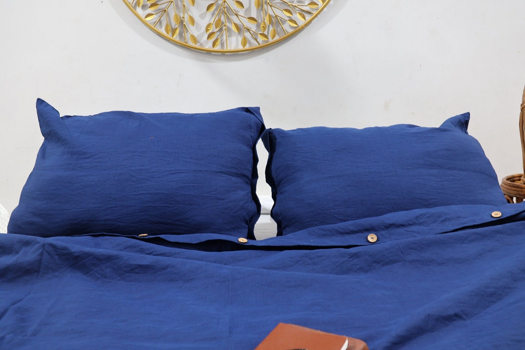 Handmade Navy Blue Linen Duvet Cover Set: Boho Bedding With Coconut ...