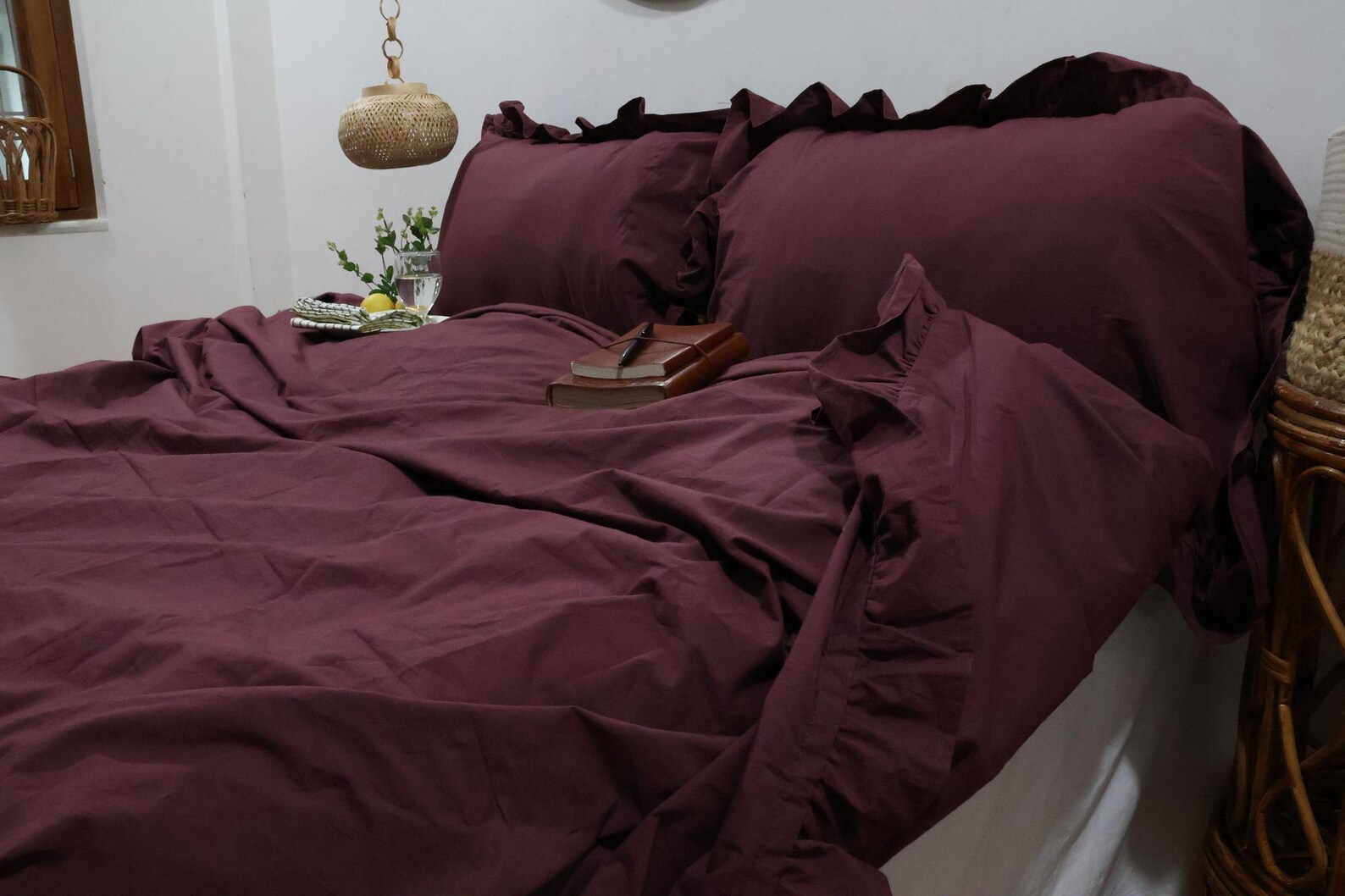 Handmade Maroon Ruffled Cotton Duvet Cover Set: 3-piece Bedding - Etsy