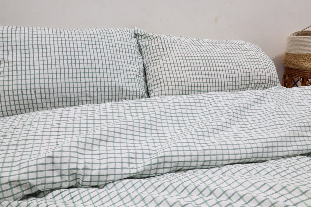 Cotton Gingham Duvet Cover Set- Sage Green Check Duvet Covers Lattice ...