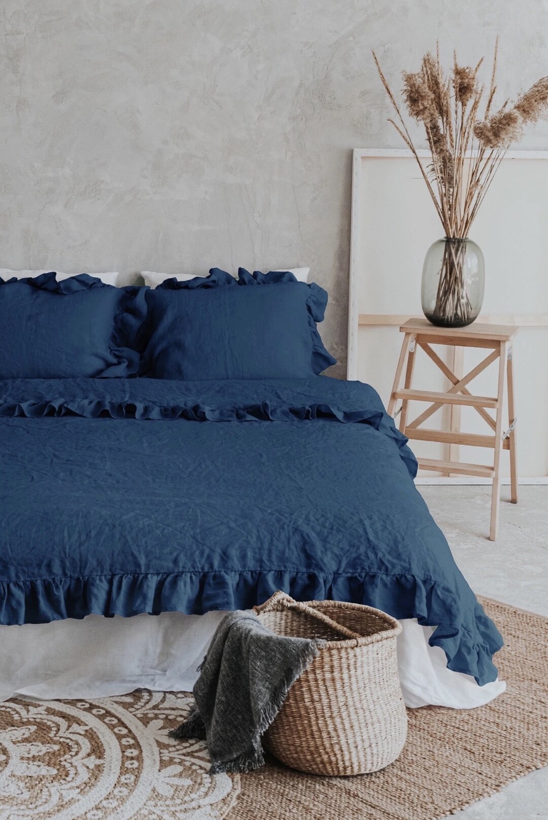 Dark Blue Ruffled Duvet Cover 100% Washed Cotton Duvet Cover - Etsy