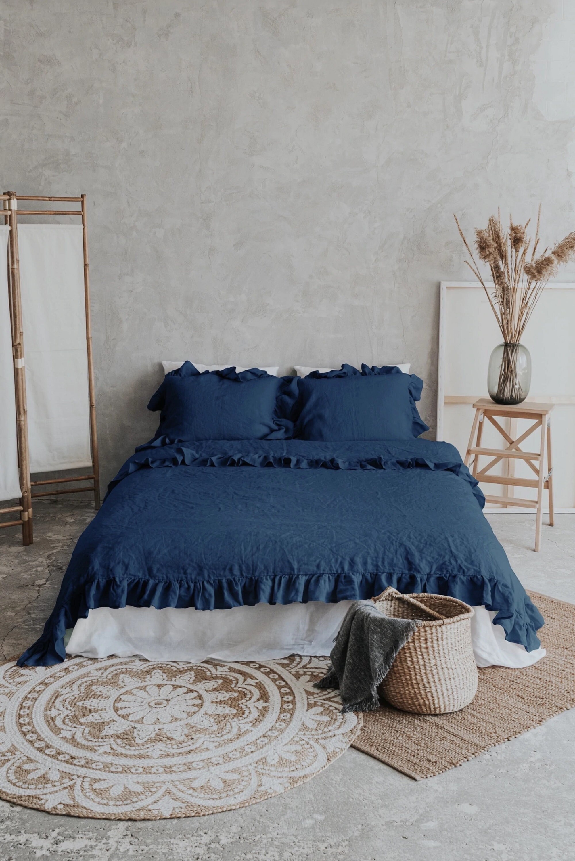 Dark Blue Ruffled Duvet Cover 100% Washed Cotton Duvet Cover - Etsy