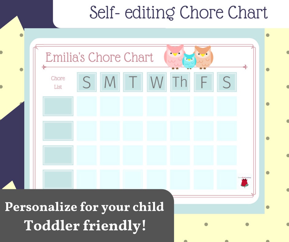 EDITABLE Personalized Chore Chart Toddler and Kids Owl - Etsy