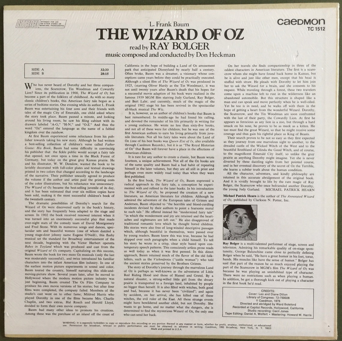 Vintage 70s Children's Vinyl Ray Bolger Reads WIZARD of OZ Record Album ...