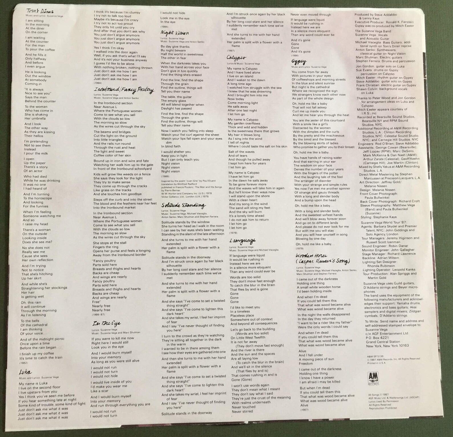 Original '87 Vinyl SUZANNE VEGA Solitude Standing Record Album 80's Folk Rock LUKA Tom's Diner ...