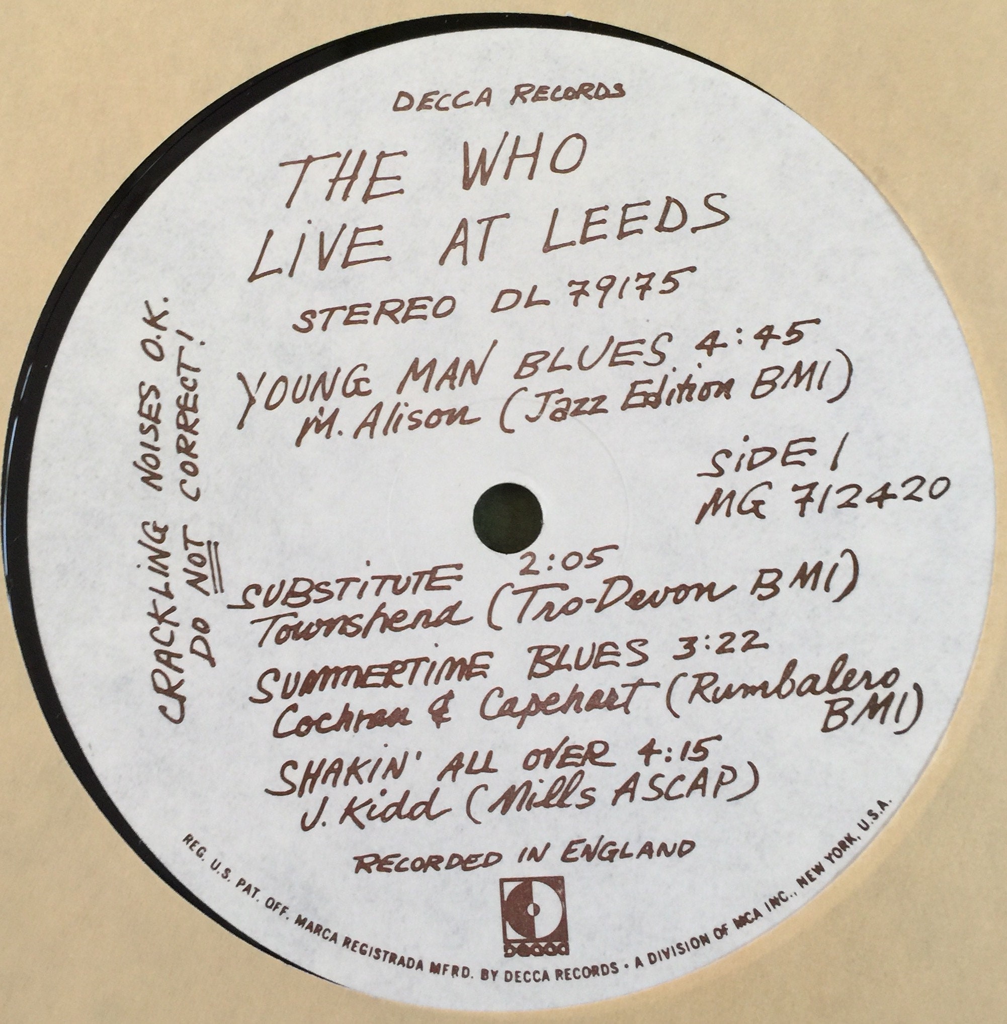 Original '70 the WHO Live at Leeds Vintage Vinyl Album Decca COMPLETE ...