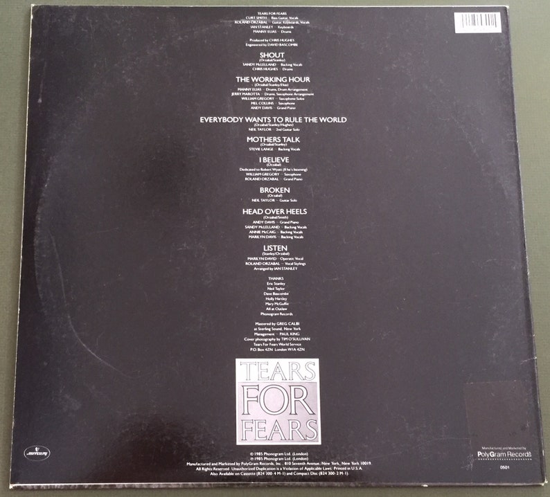 Vintage '85 Vinyl TEARS FOR FEARS Songs From the Big Chair Record Album ...