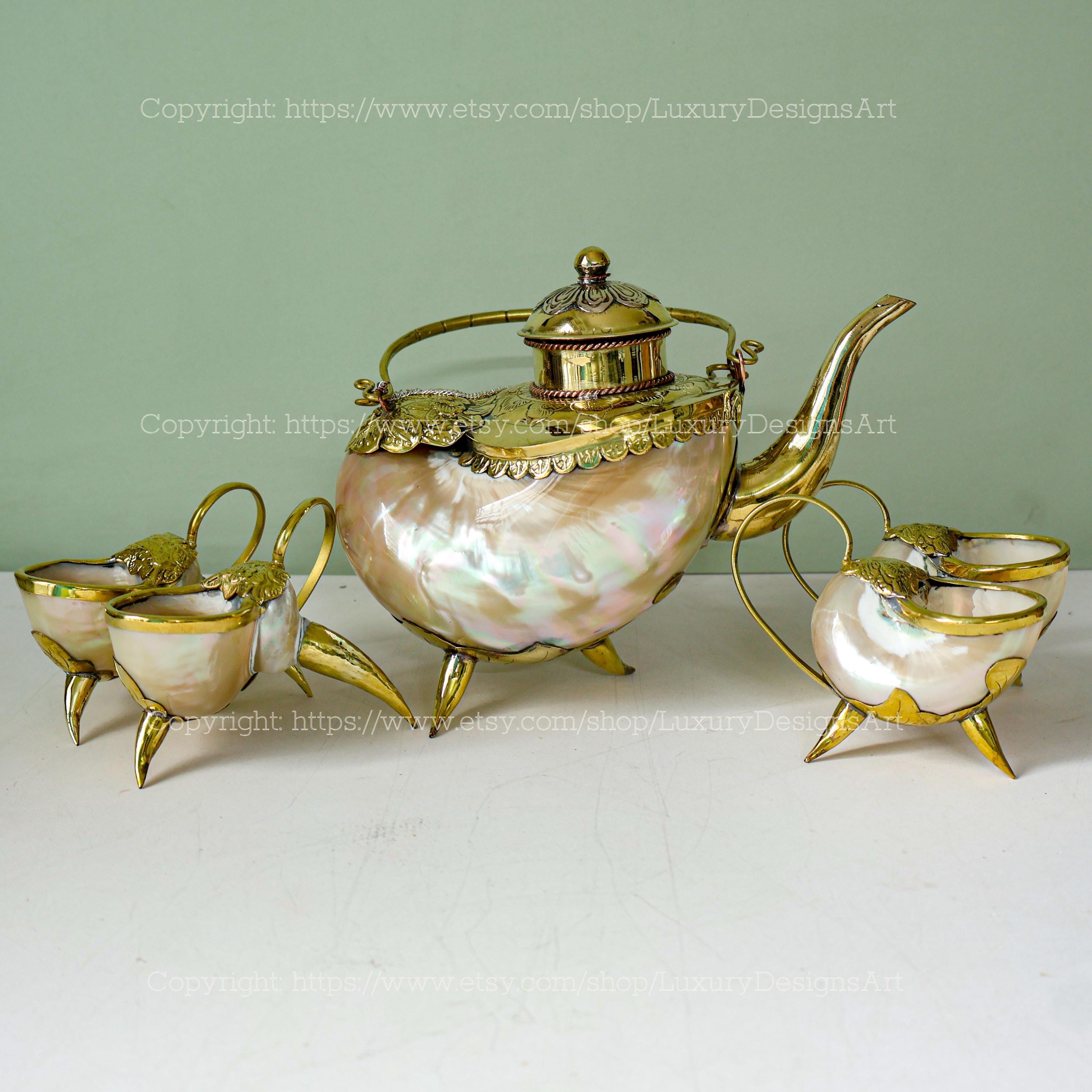 Mother of Pearl Teapots and Cups With Bronze Edges and Copper Coating ...