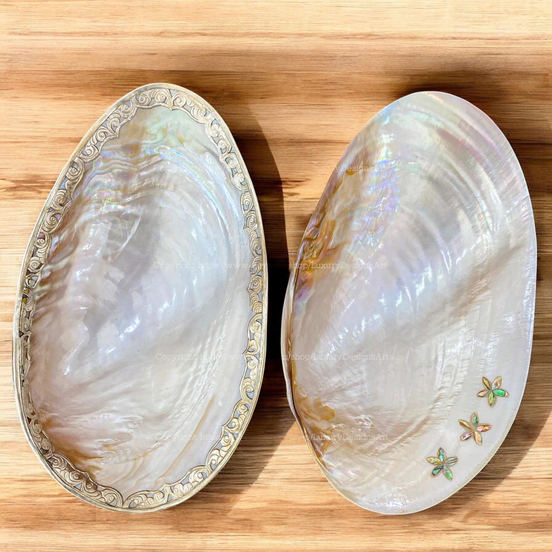 Mother of Pearl Seashell Dish Silver Trim Jewelry Tray for Candy Dish ...