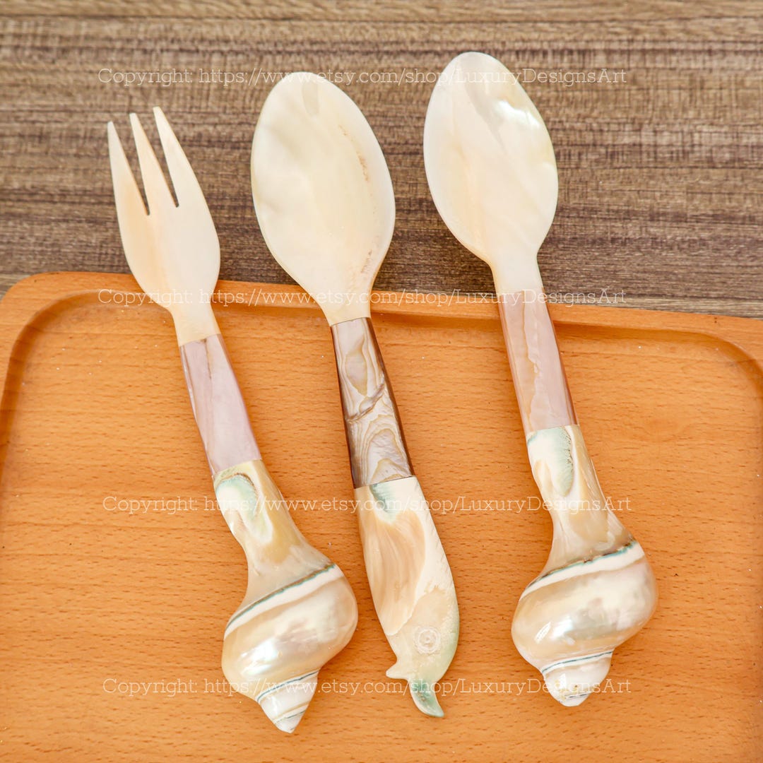 Personalized Mother-of-pearl Fish Spoon and Fork, Engraved Name Shell ...