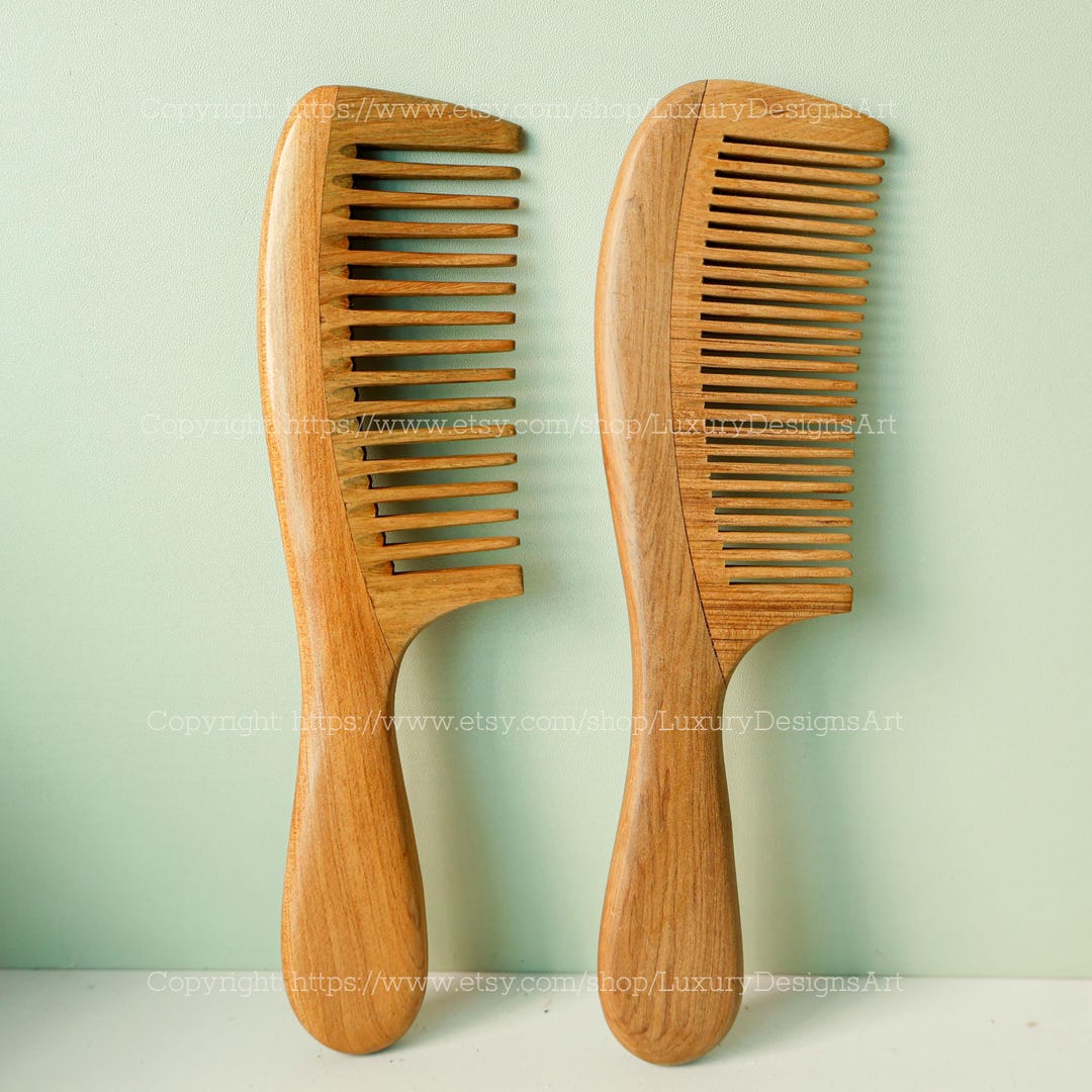 Personalized Natural Green Cypress Wood Wide Two Teeth Comb Ruffled ...