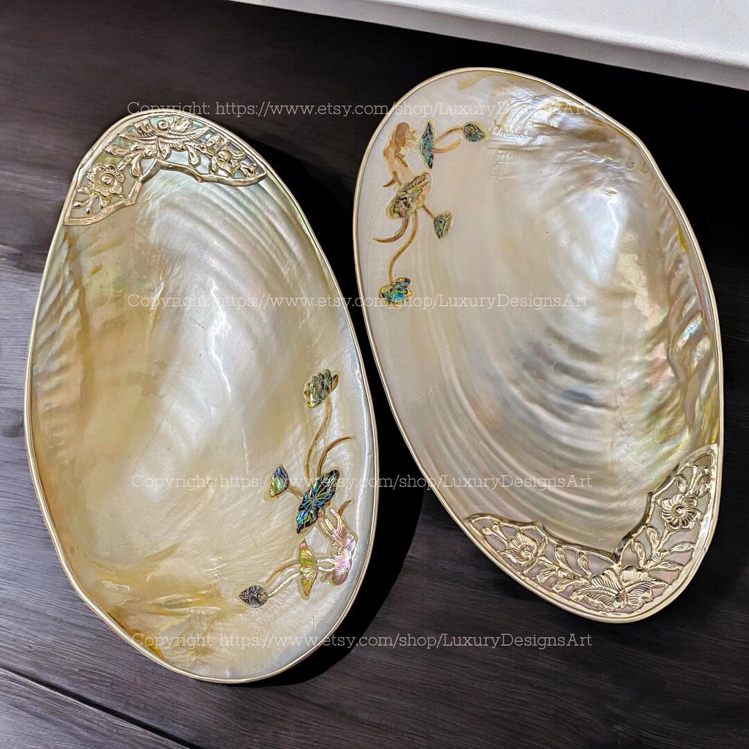 Mother of Pearl Seashell Dish Orchid and Lotus Sliver Trim Jewelry Tray ...