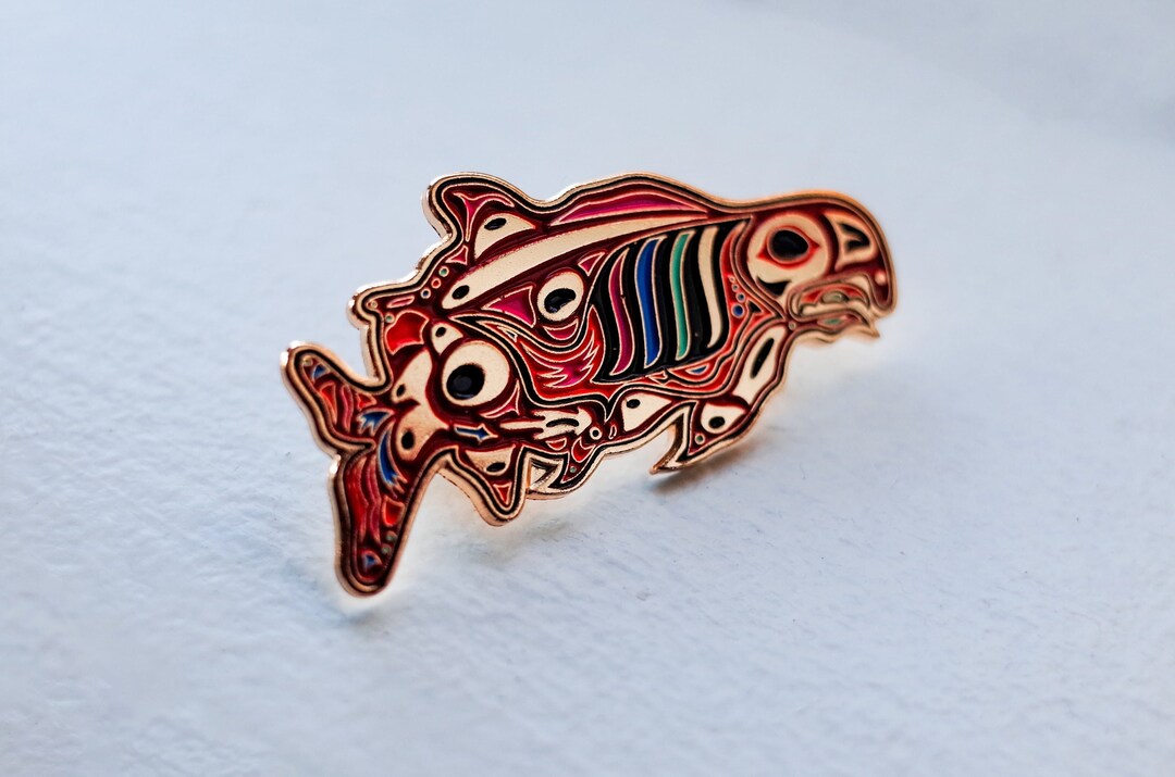 PNW Salmon Spirit Gold Enamel Hat Pin, Pacific Northwest Coast ...