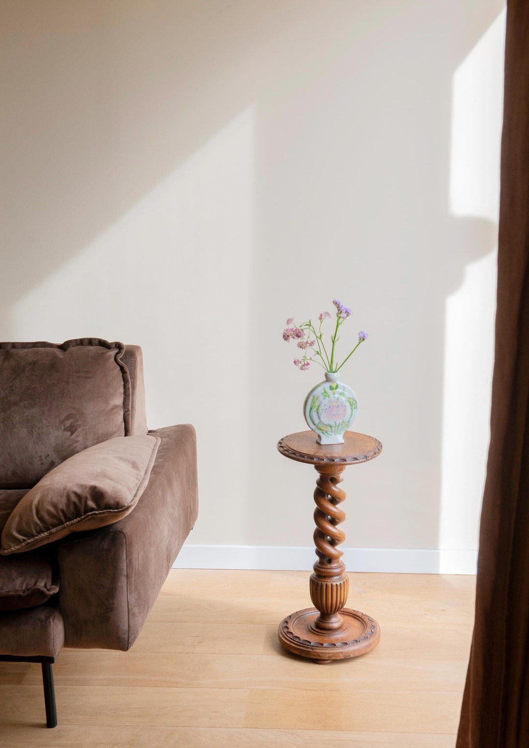 Oak Wooden Pedestal Table, Barley Twist Side Table, Round Victorian Plant Stand, Hand Carved ...
