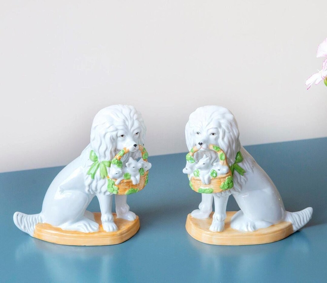 Victorian Staffordshire Dog Pair, Ceramic Poodle Figurines With Baskets ...