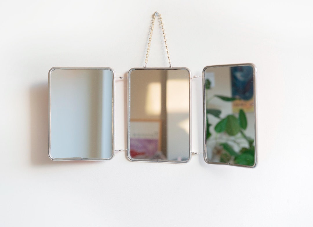 Triptych Barber Mirror, Beveled Glass, Industrial Metal Mirror With ...
