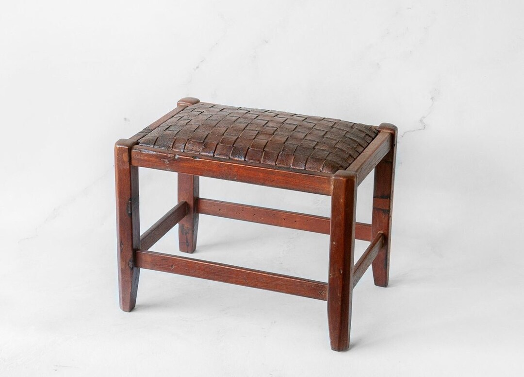 Antique Woven Leather Stool, Old Wooden Footstool, Primitive English ...