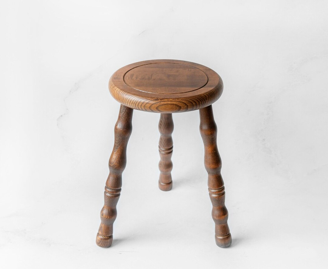 Oak Wooden Stool With Turned Legs, Round Tripod Table, Antique Farmers ...